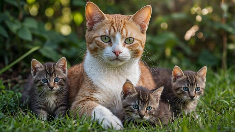 A Mother Cat with Her Three Kittens in a Garden Stock Illustration ...