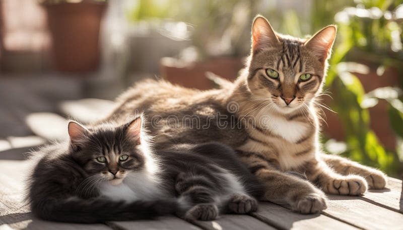 Mother Cat and Kitten Laying in the Sun on a Back Porch Stock ...