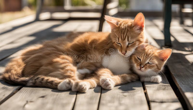 Mother Cat and Kitten Laying in the Sun on a Back Porch Stock Image ...