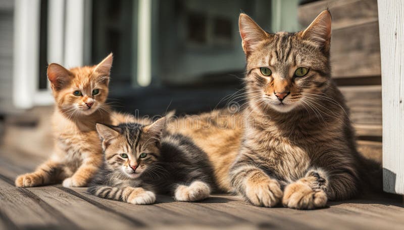 Mother Cat and Kitten Laying in the Sun on a Back Porch Stock ...