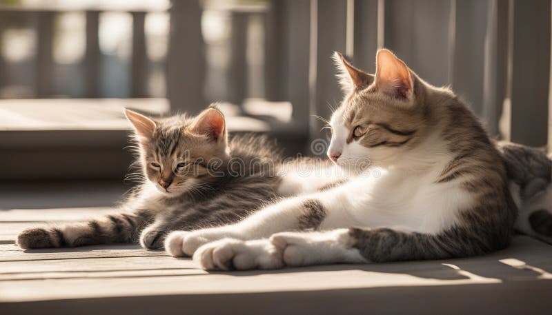 Mother Cat and Kitten Laying in the Sun on a Back Porch Stock ...