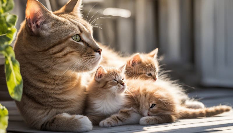 Mother Cat and Kitten Laying in the Sun on a Back Porch Stock ...