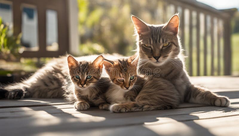 Mother Cat and Kitten Laying in the Sun on a Back Porch Stock ...