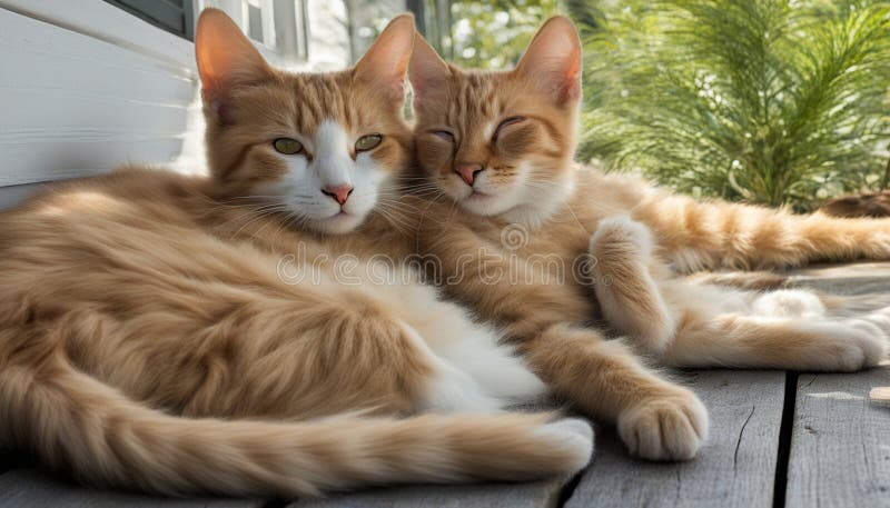 Mother Cat and Kitten Laying in the Sun on a Back Porch Stock ...