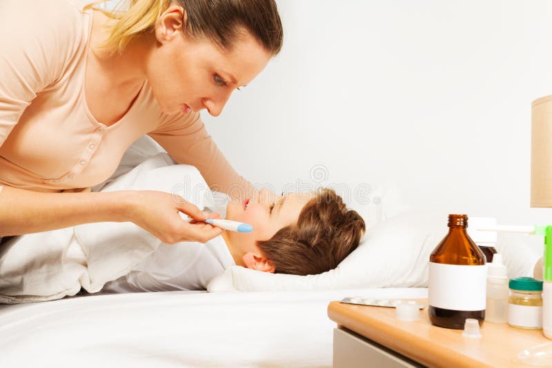 Mother Checking Her Kid`s Boy Temperature Stock Image - Image of arvi ...