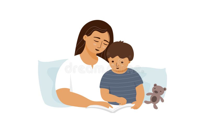 Mother and Child Boy Reading a Book with Pillow and a Dall, Flat Vector ...