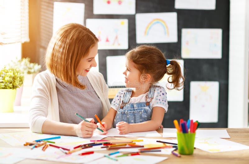 Mother and Child Daughter Draws in Creativity in Kindergarten Stock ...