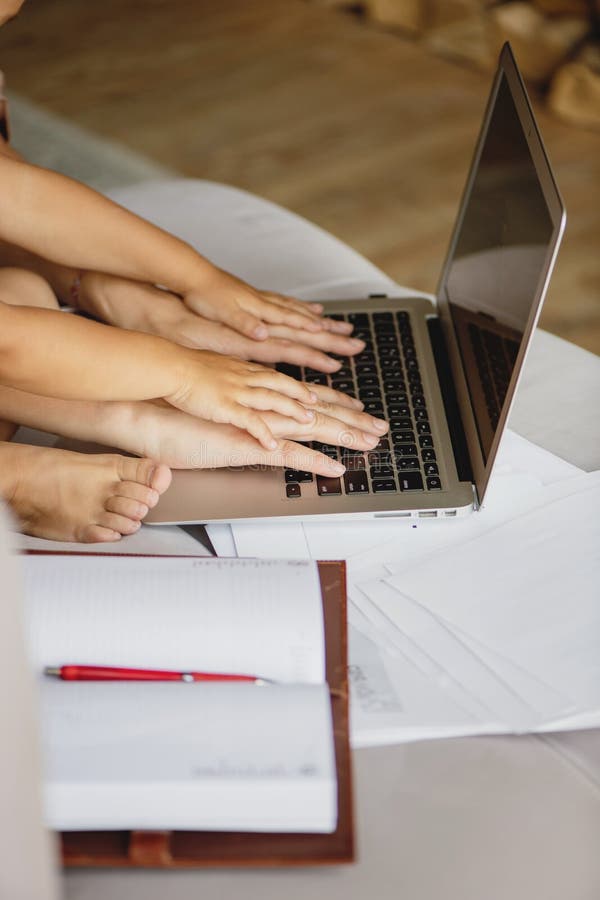 Mother and Child Hands on Laptop Keyboard. Stock Photo - Image of care ...