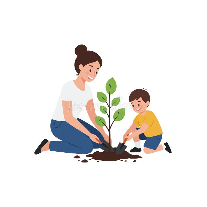 Mother and Child Planting a Tree in Flat Vector Art Stock Vector ...