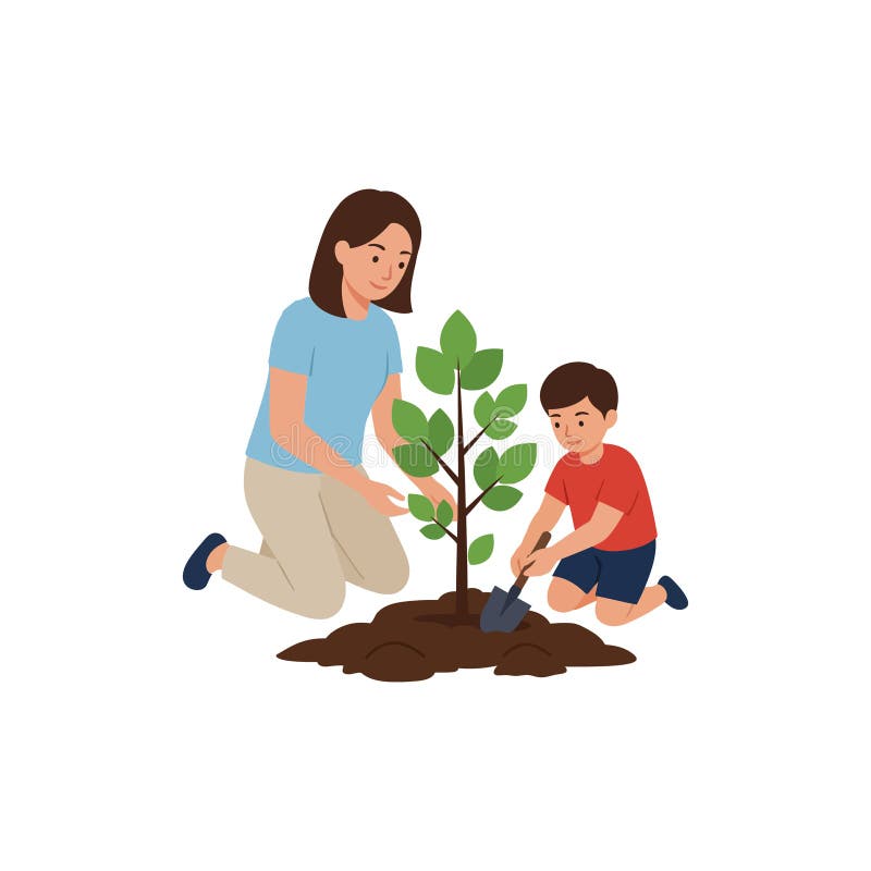 Mother and Child Planting Tree in Flat Vector Illustration Stock Vector ...