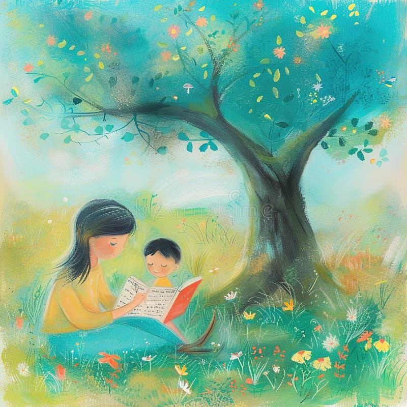 Mother and Child Reading Book Under Tree Stock Photo - Image of tree ...
