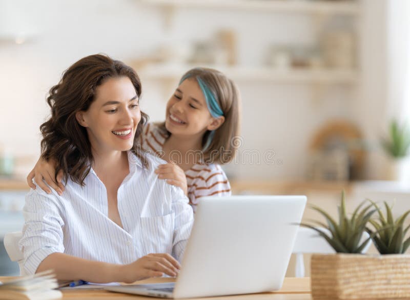 Mother with Child Working on the Computer Stock Photo - Image of ...