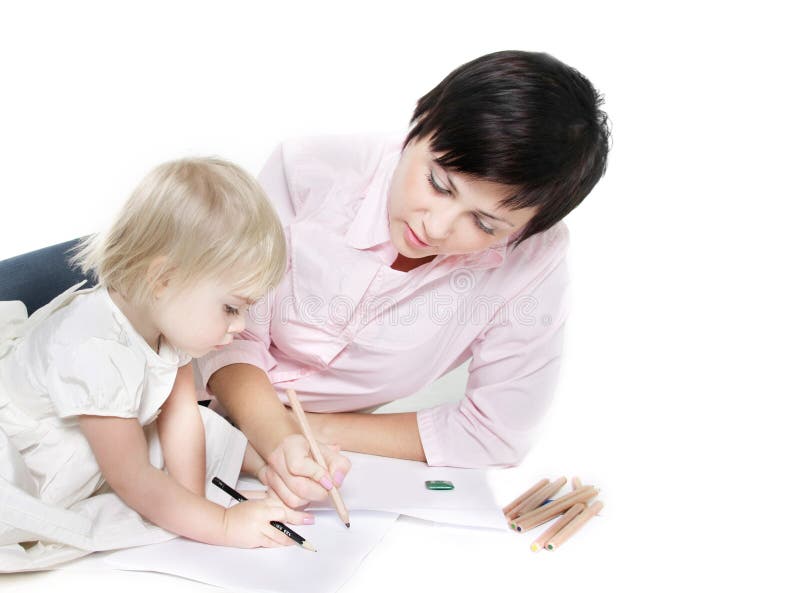 Mother and Child Writing Over White Stock Photo - Image of cutout ...