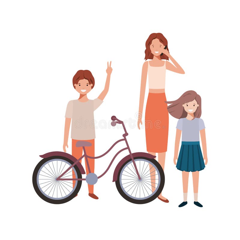 Mother and Children with Bicycle Avatar Character Stock Vector ...