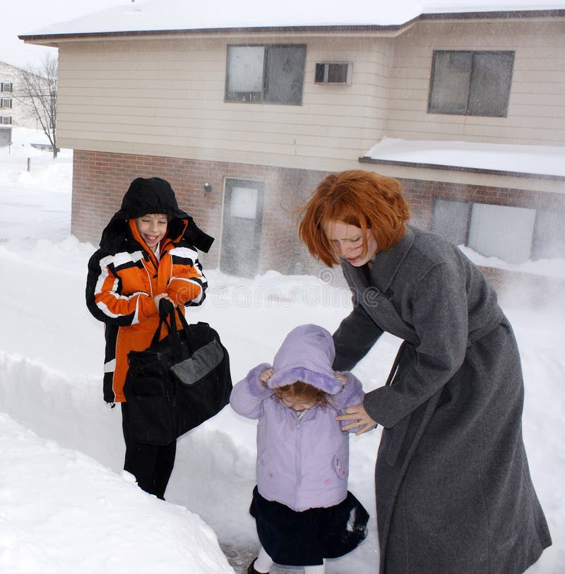 Mother and Children in Blizzard Stock Image - Image of hurrying ...