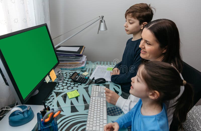 Mother and Children Looking at Computer Screen Stock Image - Image of ...