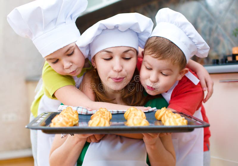 Mother with Children Making Bread Stock Image - Image of food, chef ...
