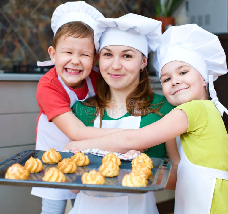 Mother with Children Making Bread Stock Image - Image of dough ...