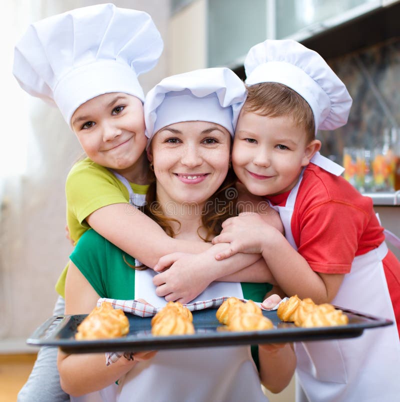 Mother with Children Making Bread Stock Image - Image of cooking ...