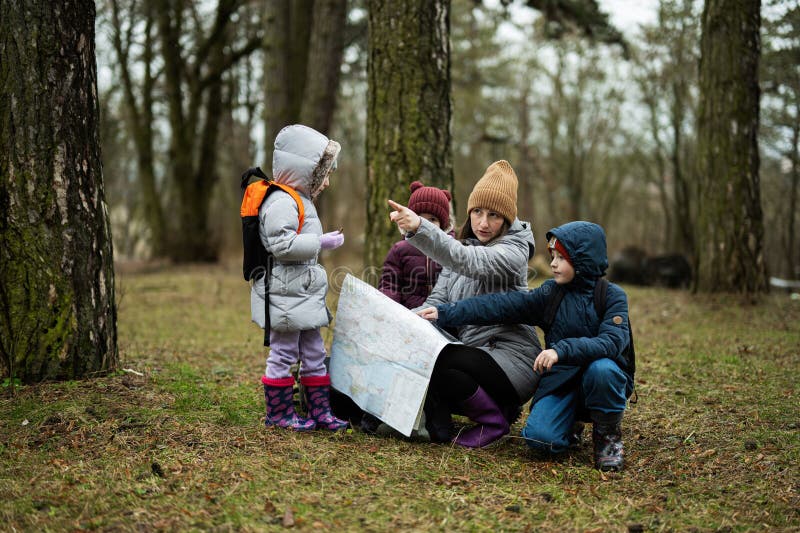 Mother and Children with Map in the Forest Stock Image - Image of kids ...