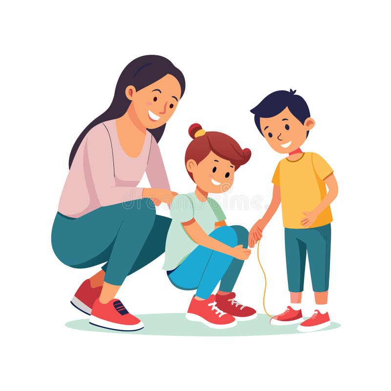 Mother and Children Playing String Game - Cartoon Style Illustration ...