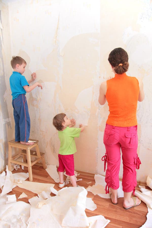 Mother with Children Remove Old Wallpapers Stock Image - Image of ...