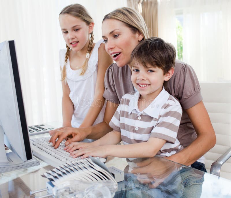 Mother and Children Working on a Computer Stock Photo - Image of ...