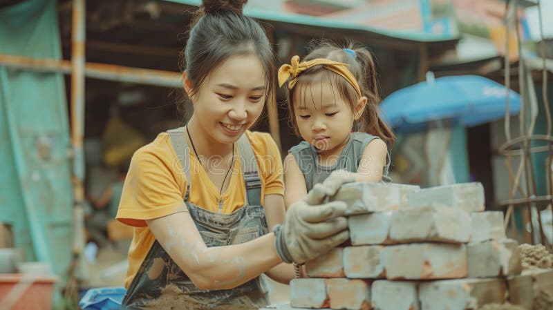 Mother and Daughter Build Wall with Bricks at Construction Site ...