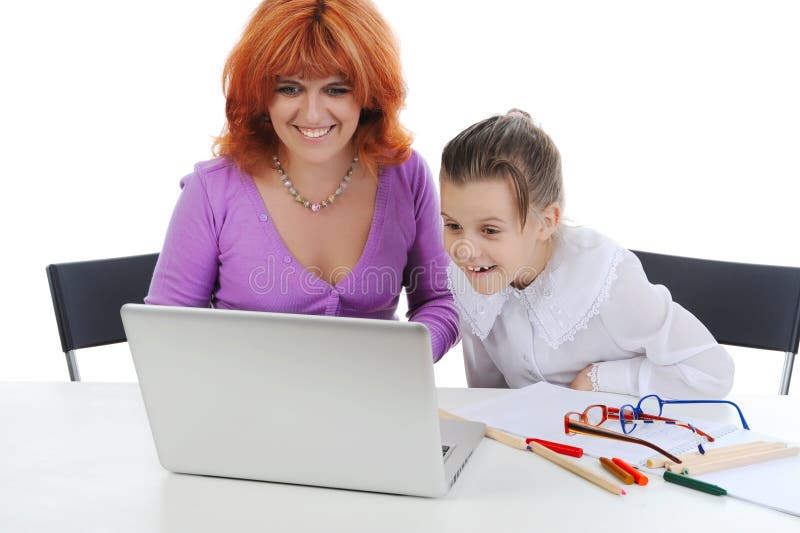 Mom and Daughter with Computer Stock Image - Image of helping, planning ...