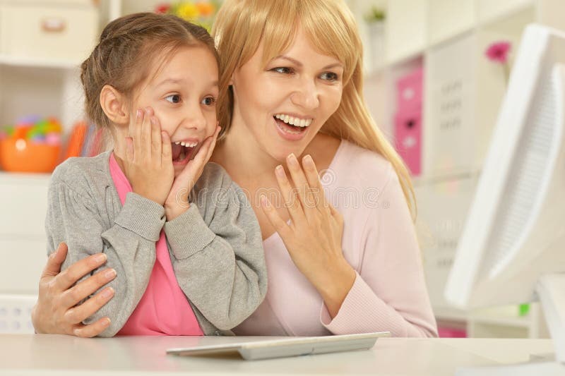 Mother and Daughter with Computer Stock Image - Image of technology ...