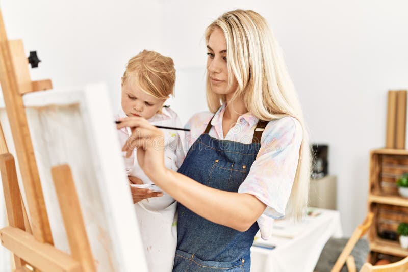 Mother and Daughter Concentrate Drawing at Art Studio Stock Image ...