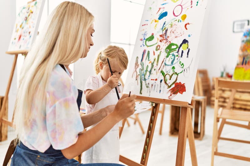 Mother and Daughter Concentrate Drawing at Art Studio Stock Image ...