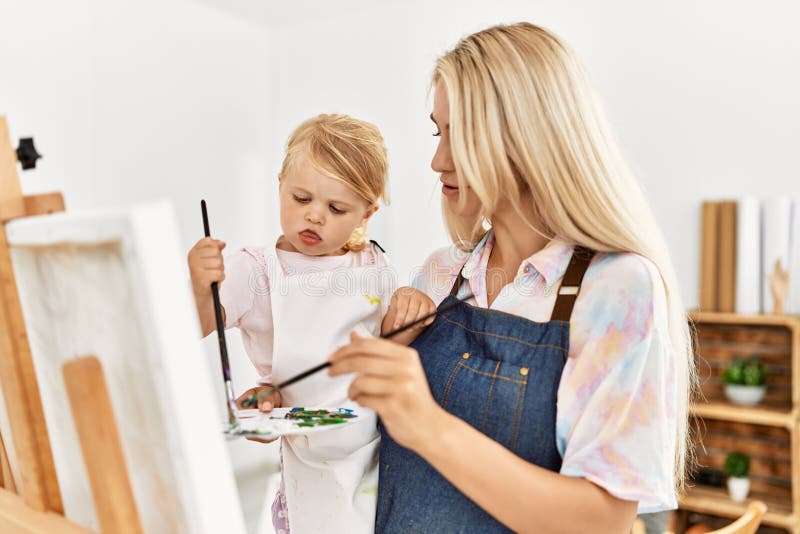 Mother and Daughter Concentrate Drawing at Art Studio Stock Image ...