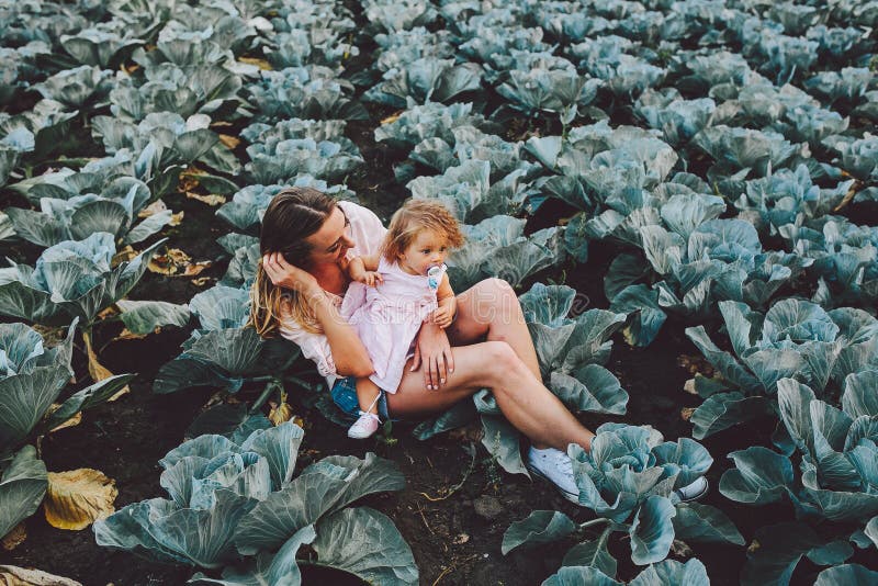 Mother and Daughter on the Field with Cabbage Stock Photo - Image of ...