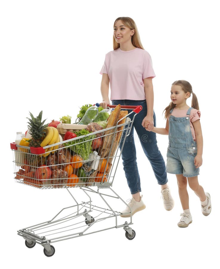 Mother and Daughter with Full Shopping Cart on White Background Stock ...