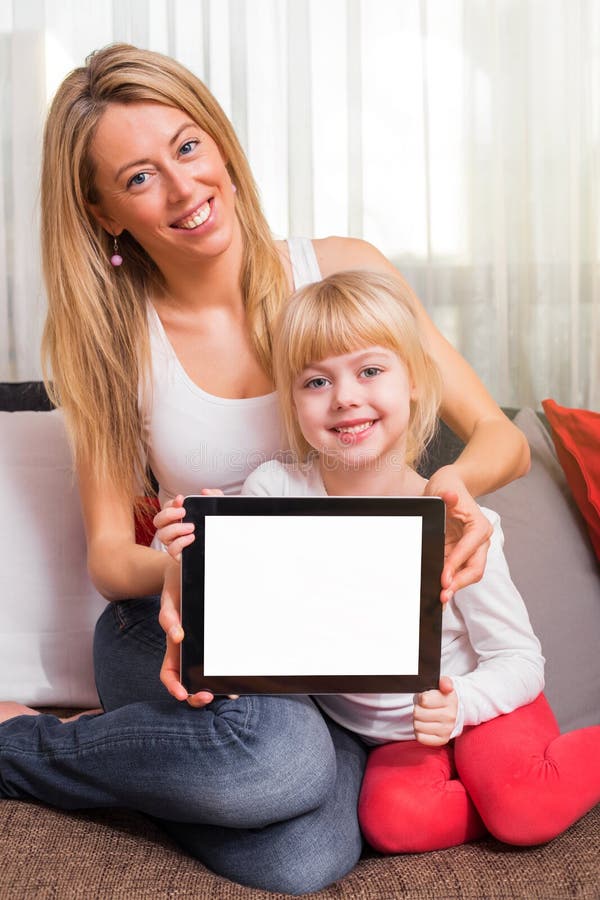 Mother and Daughter Holding Tablet with Blank Screen Stock Image ...