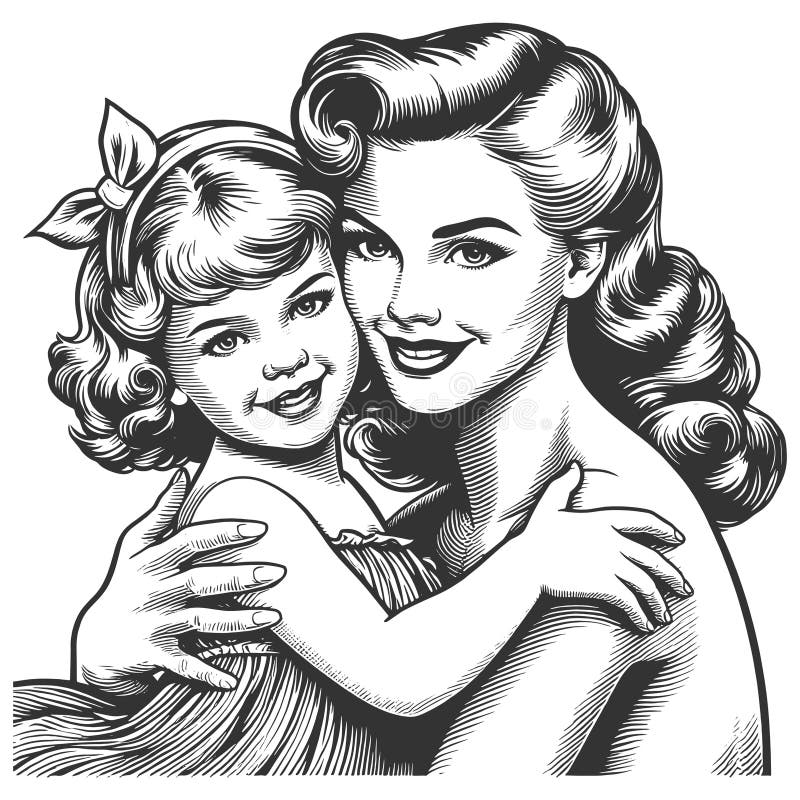 Mother And Daughter Hugging Sketch Vector Stock Illustration