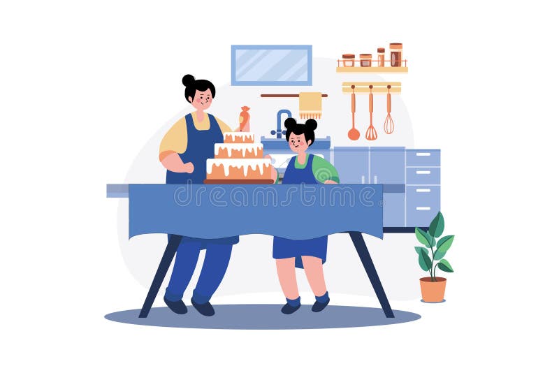 Mother and Daughter Making Cake Together Stock Illustration ...