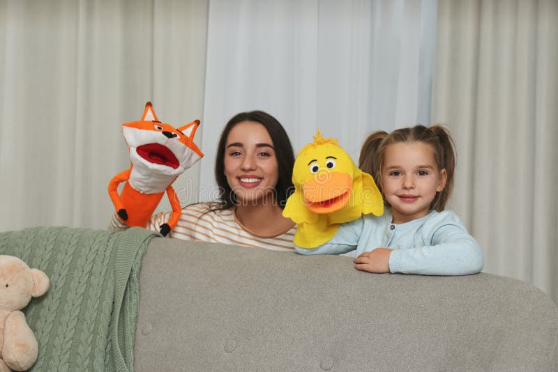Mother and Daughter Performing Puppet Show at Home Stock Image - Image ...