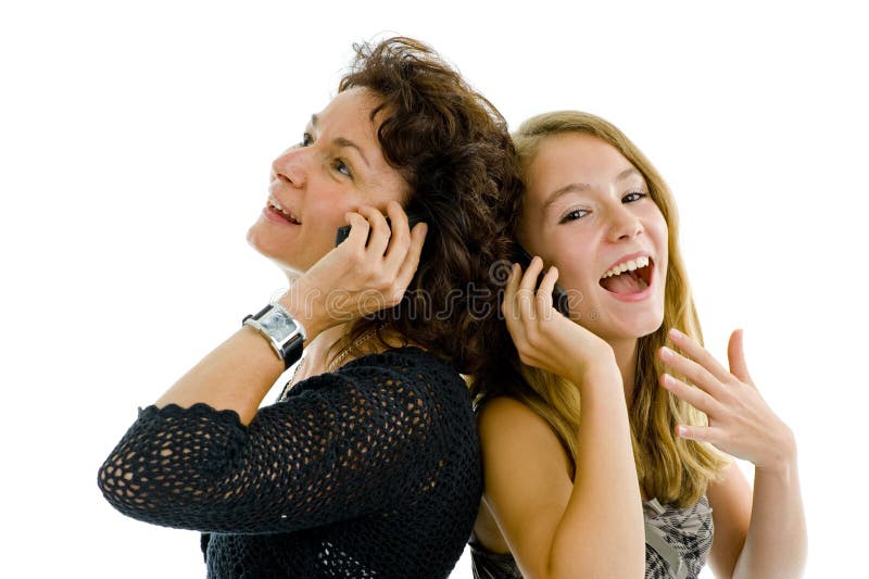 Mother and Daughter on the Phone Stock Photo - Image of cheerful, back ...