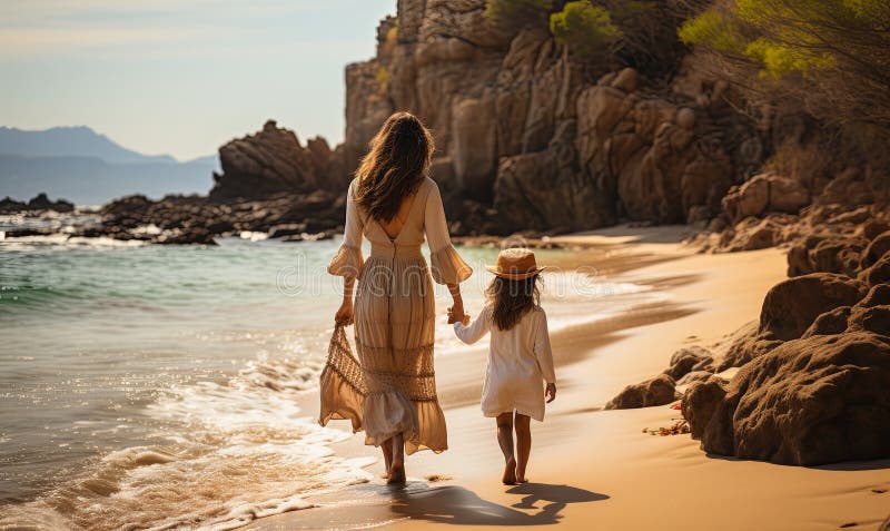 Mother and Daughter Strolling Along Beach Stock Image - Image of vacation, holiday: 335542769