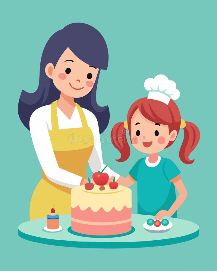 A Mother and Daughter Team Baking and Decorating a Birthday Cake from ...