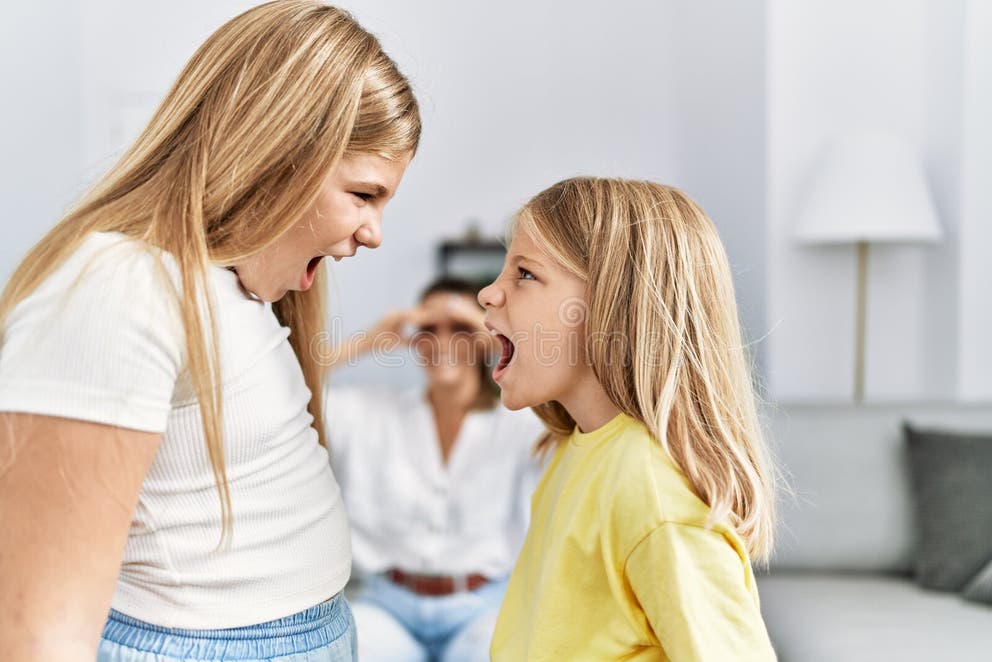 Mother and Daughters Screaming and Fighting for Sisters Problem at Home Stock Photo - Image of ...