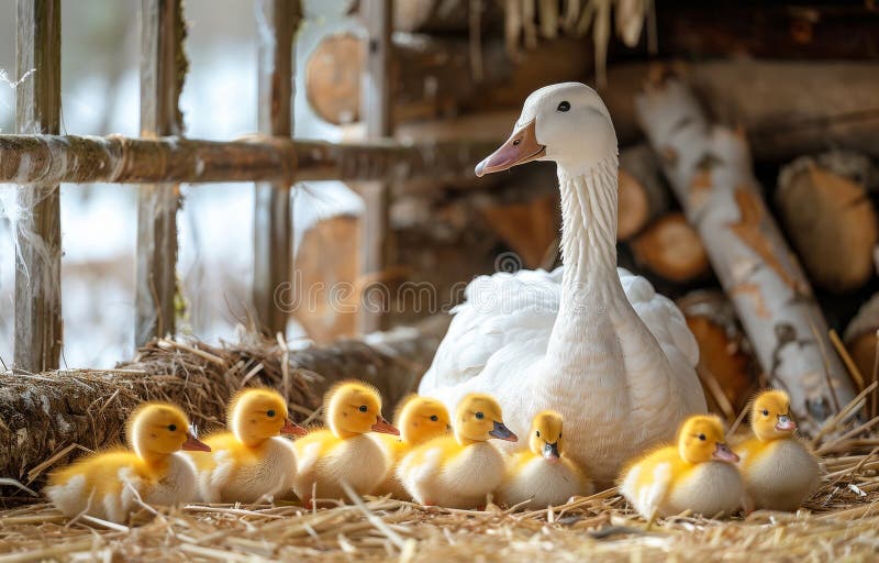A Mother Duck and Her Ducklings are Sitting on a Straw Bed Stock Image ...
