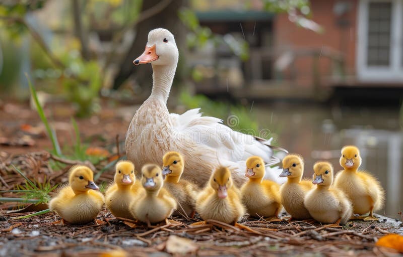 A Mother Duck and Her Ducklings are Standing in a Field. the Mother ...