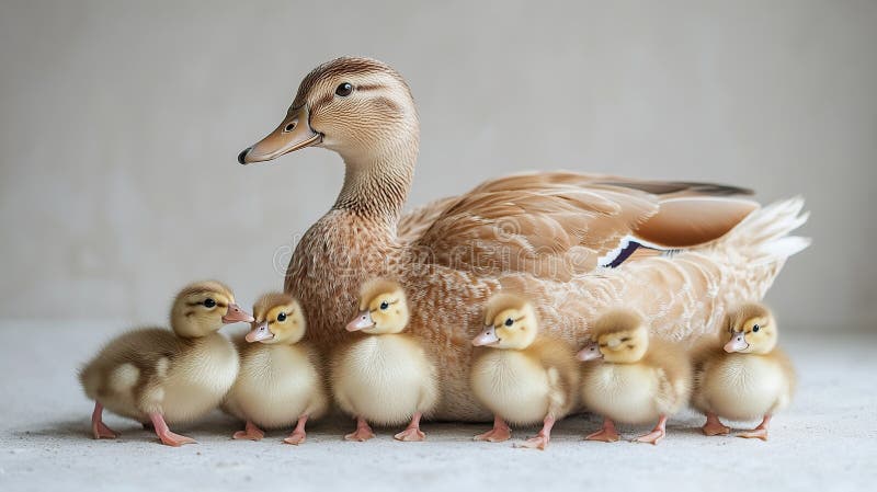 A Mother Duck and Her Six Ducklings Huddle Together on a Light Gray ...