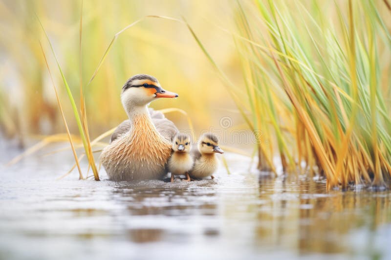 Mother Duck Leading Ducklings through Reeds Stock Image - Image of baby ...