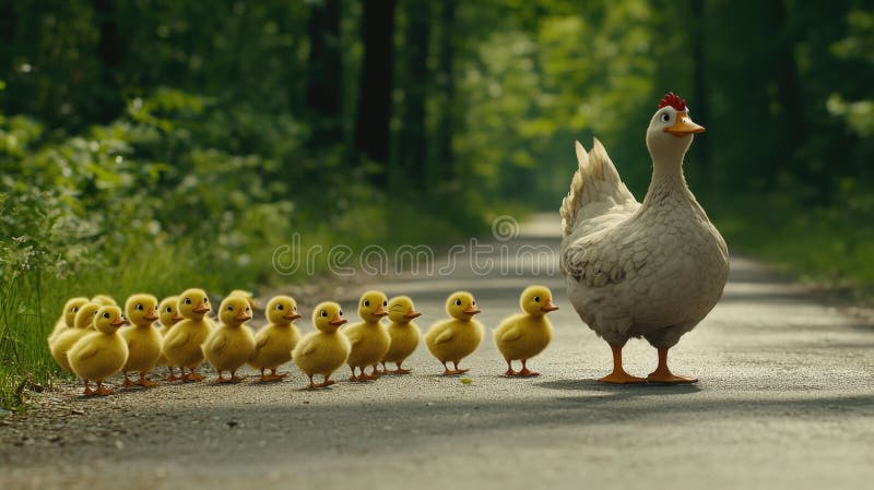 Mother Duck Leading Flock of Ducklings on Forest Path Stock Photo ...