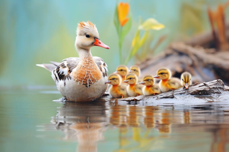 Mother Duck Watching Over Swimming Ducklings Stock Image - Image of ...