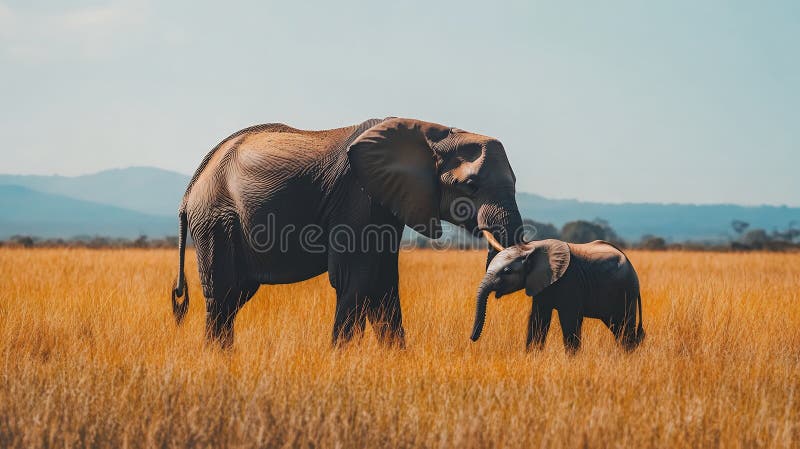 A Mother Elephant and Calf Touch Trunks in a Grassland, Symbolizing ...